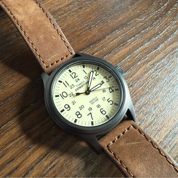 Timex | Accessories | Timex Expedition With Cream Dial And Brown Strap ...